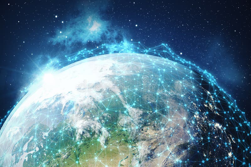 3D Rendering Global Network and Data Exchange. Connection Lines Around ...