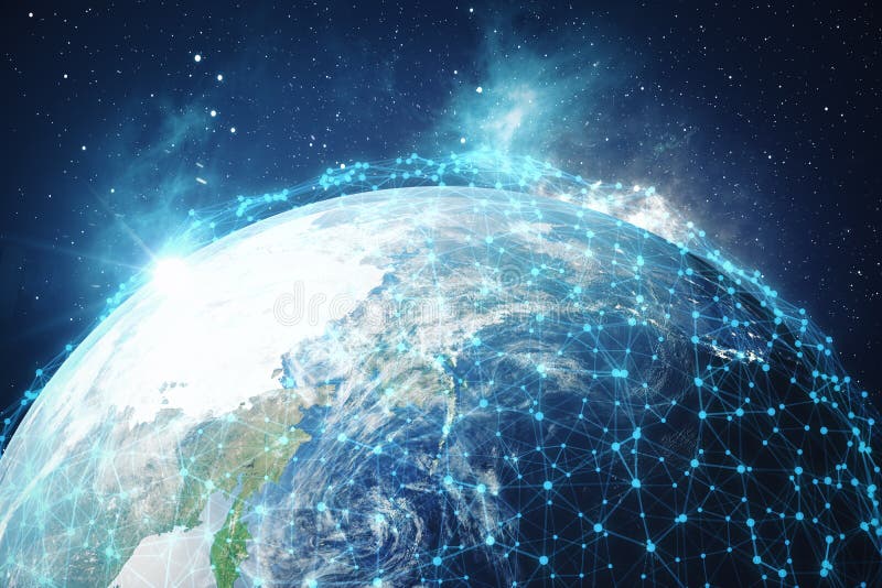3D Rendering Global Network and Data Exchange. Connection Lines Around ...
