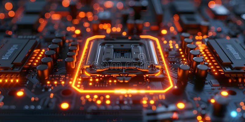 3D Rendering of Glowing Computer Parts Inside a Motherboard Inside a ...