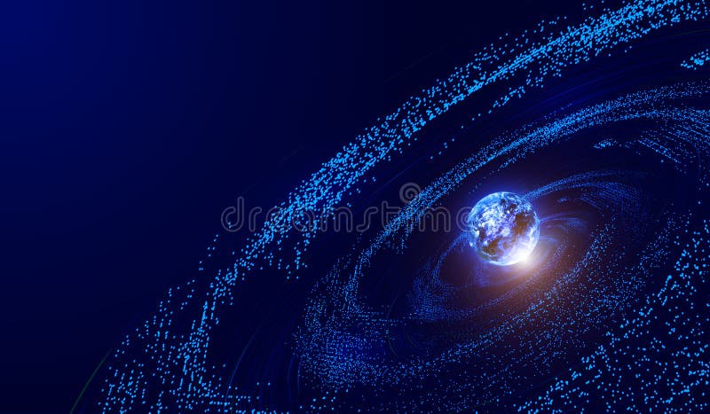 3D Rendering of Glowing Digital Earth, Particle Flow Universe Vortex ...