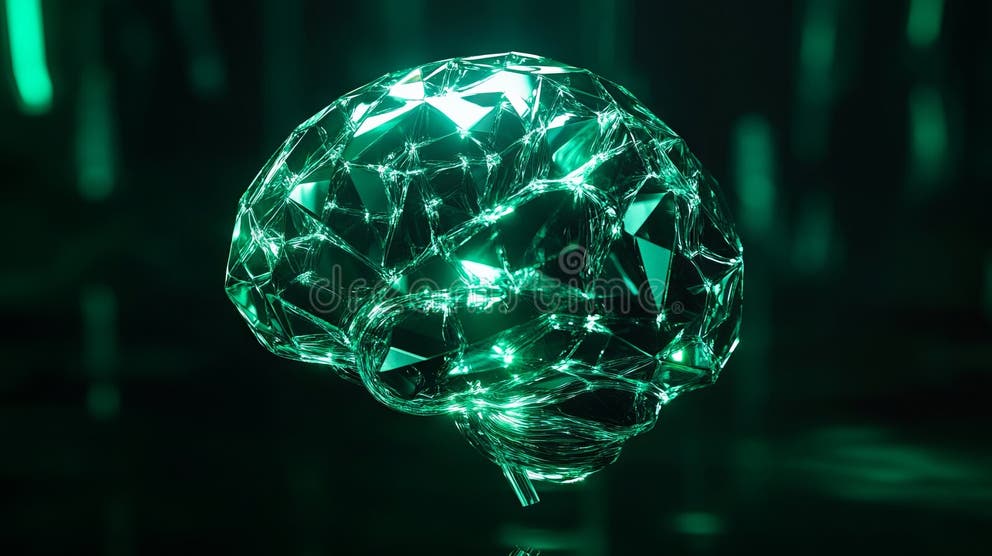 A 3D Rendering of a Glowing Green Brain in a Dark Room Stock ...