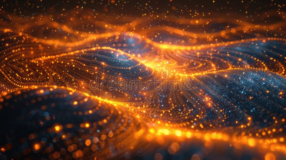 3D Rendering of Glowing Particles in Cyberspace with Depth of Field and Bokeh. Futuristic ...