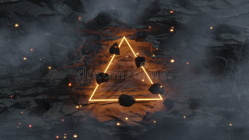 3D Rendering of Glowy Triangle Frame Over Rocky Surface Stock ...