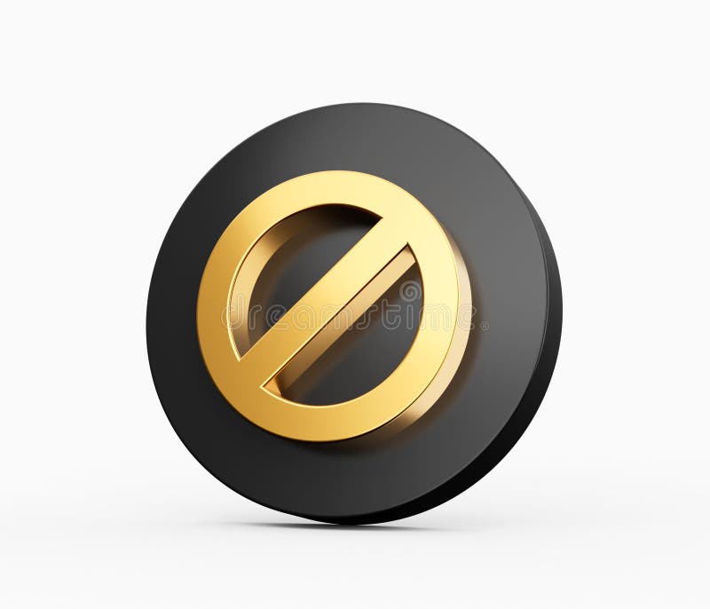 3D Rendering of a Gold Banned Icon Button and No or Wrong Symbol ...