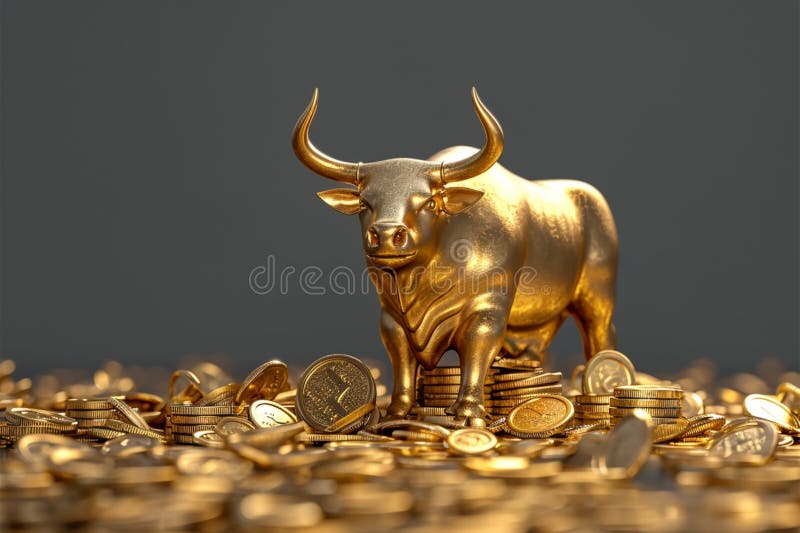 3D Rendering of Gold Bull and Coins Financial Success Stock ...