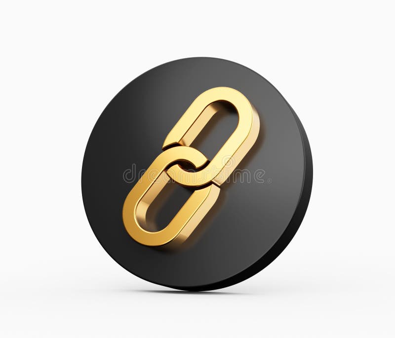 3D Rendering of a Gold Chain Link Symbol on a Black Circle Isolated on ...