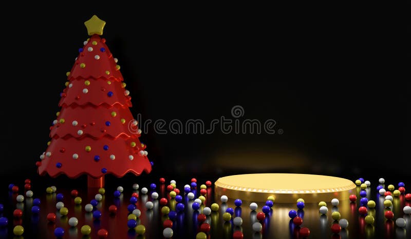 3d Gold Display Podium with Christmas Tree in Dark Room Stock ...