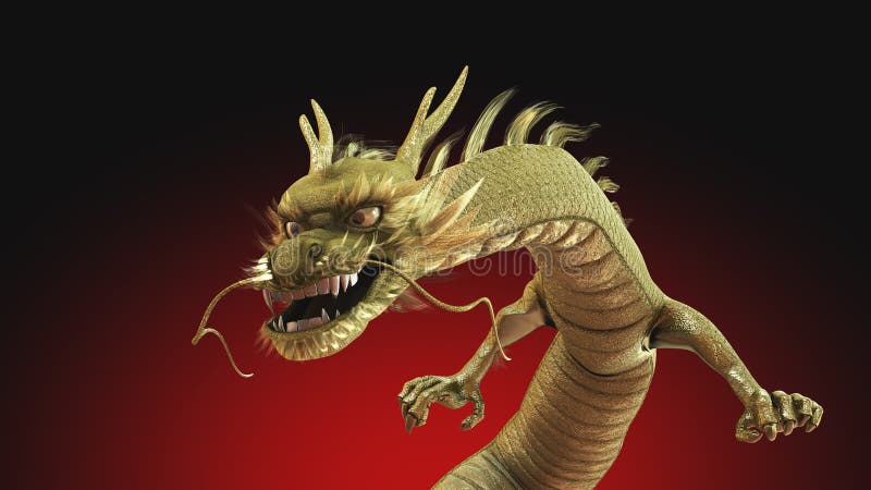 3D Rendering Gold Dragon with Fierce Face and Strong Pose. Stock ...