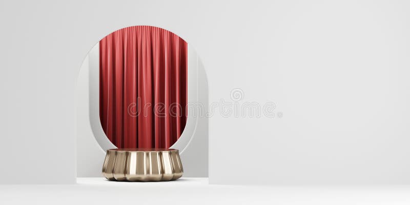 3D Rendering Gold Platform Podium with Red Curtain Product Presentation ...
