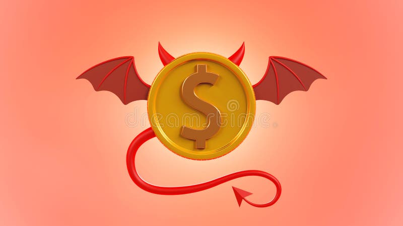 3D Rendering of a Golden Dollar Coin Symbol Looking Like a Devil, Sign ...