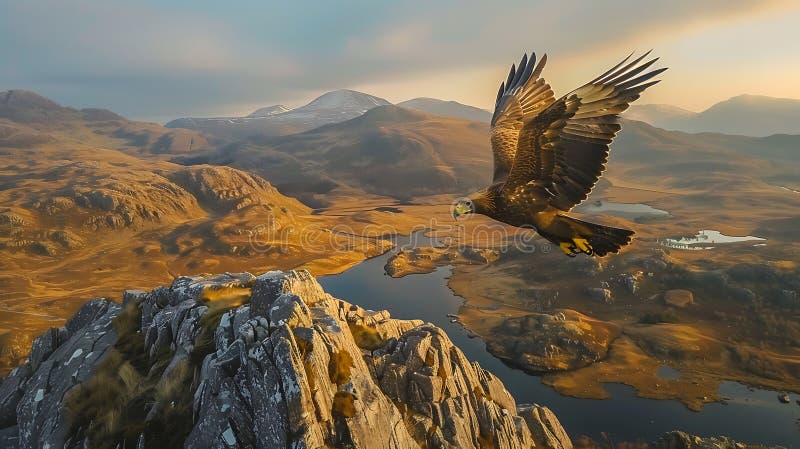 3D Rendering of a Golden Eagle Flying Over a Lake in the Mountains ...
