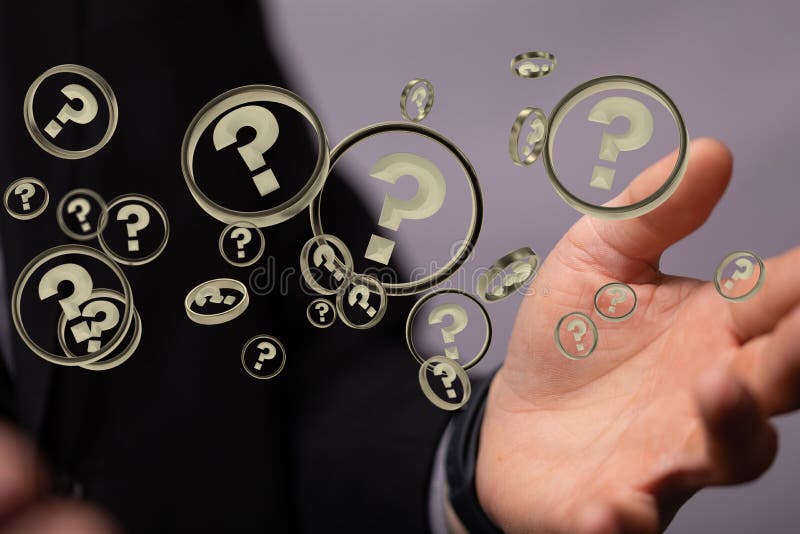 3d Rendering of Golden Floating Question Marks in Circles in a ... 3d Rendering of Golden Floating Question Marks in Circles in a ...