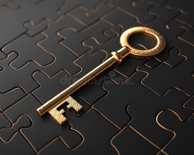 3D Rendering of a Golden Key Connected To a Complex Puzzle, Concept of ...