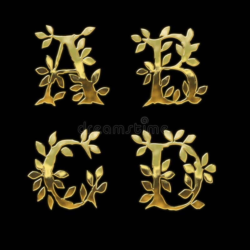 Golden Leaf Style Font Alphabet - Letters a-D Stock Illustration ...