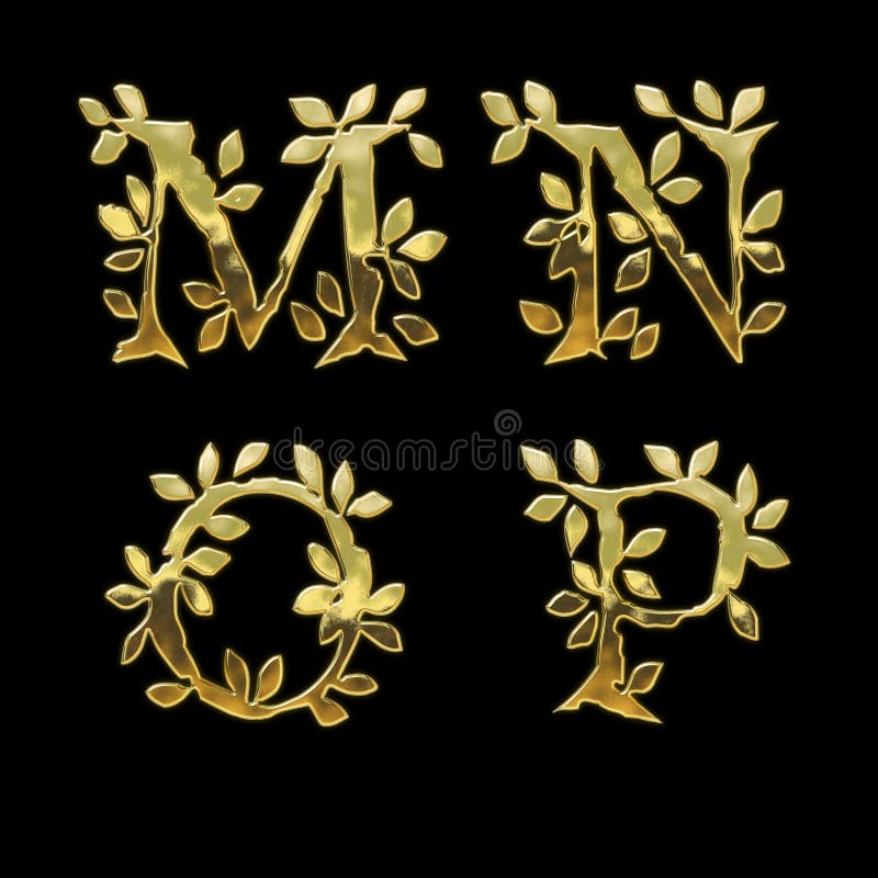 Golden Leaf Style Font Alphabet - Letters M-P Stock Illustration ...