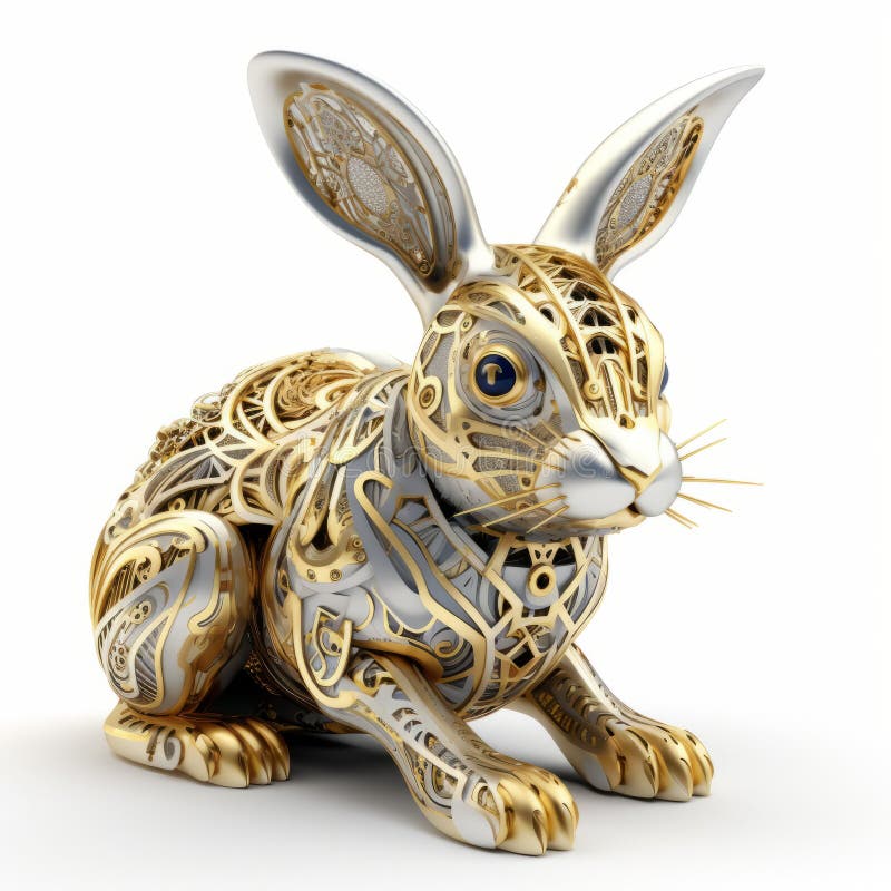 Intricate Future Tech Rabbit Sculpture with Golden and Silver Metal ...