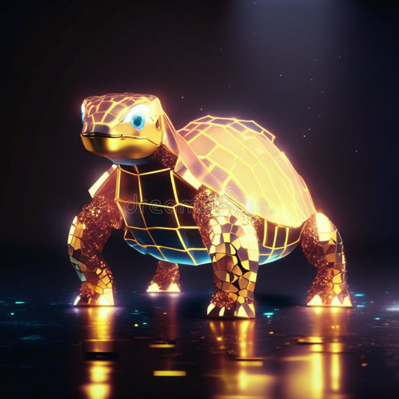 3d Rendering of a Golden Turtle in the Dark with a Reflective Surface ...