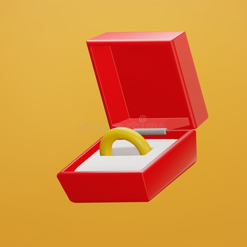 3D Rendering of Golden Wedding Ring in Red Box Floating on Yellow ...