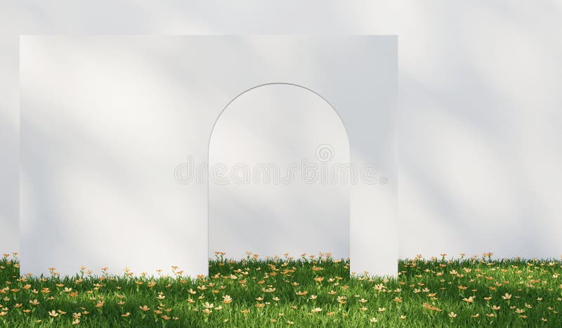 3D Rendering Grass Field with Abstract White Arch Wall Background Stock ...