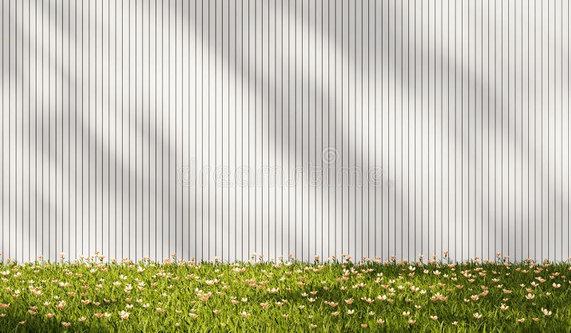 3D Rendering Grass Field with White Wood Planks Wall Background Stock ...