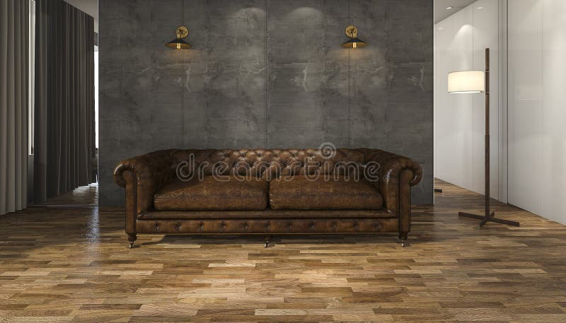 3d Rendering Great Leather Sofa with Parquet Floor Stock Illustration ...