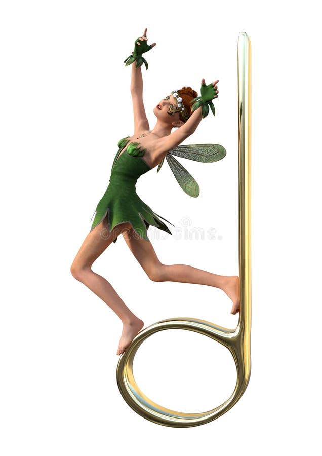 3D Rendering Green Fairy and Music Note on White Stock Illustration ...