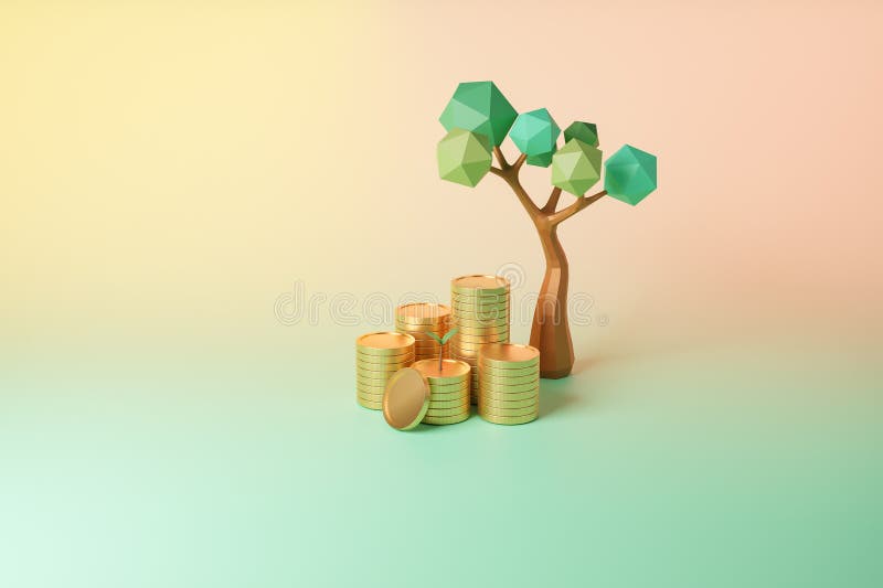3D Rendering of Green Growth and Investment Concept with Tree and Coins ...