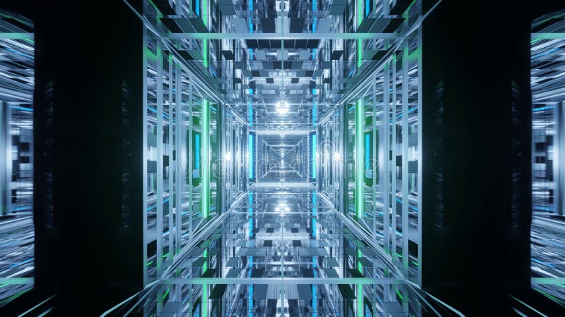 3D Rendering of Green Linear Lights and a White Cube in the Center ...