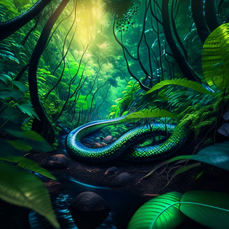 3d Rendering of a Green Snake in a Tropical Forest. Beautiful Nature ...