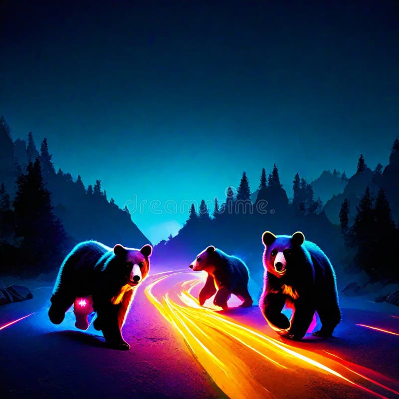 3D Rendering of a Group of Bears on the Road at Night AI Generated ...