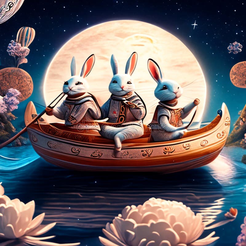 3d Rendering of a Group of Rabbits in a Boat with a Full Moon AI ...