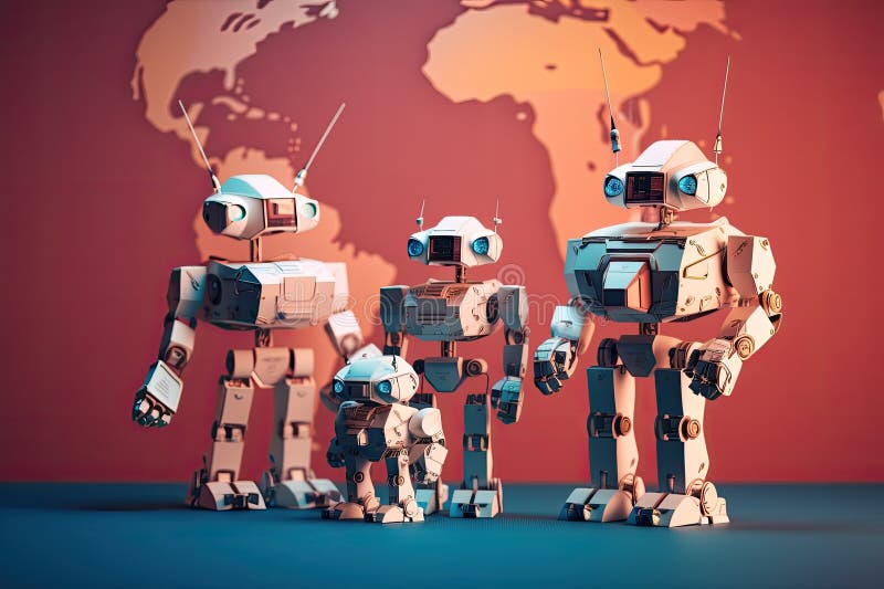 3d Rendering Group of Robot with World Map in the Background. Robots ...