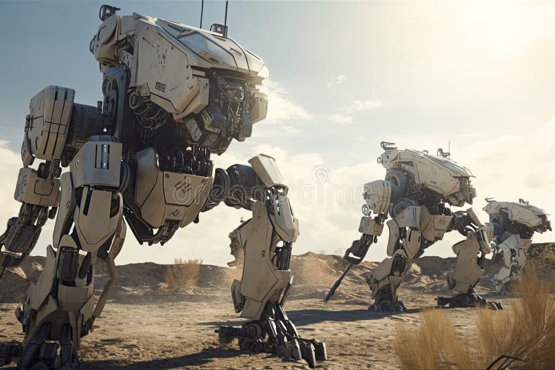3d Rendering of a Group of Robots in the Desert at Sunset, Futuristic ...