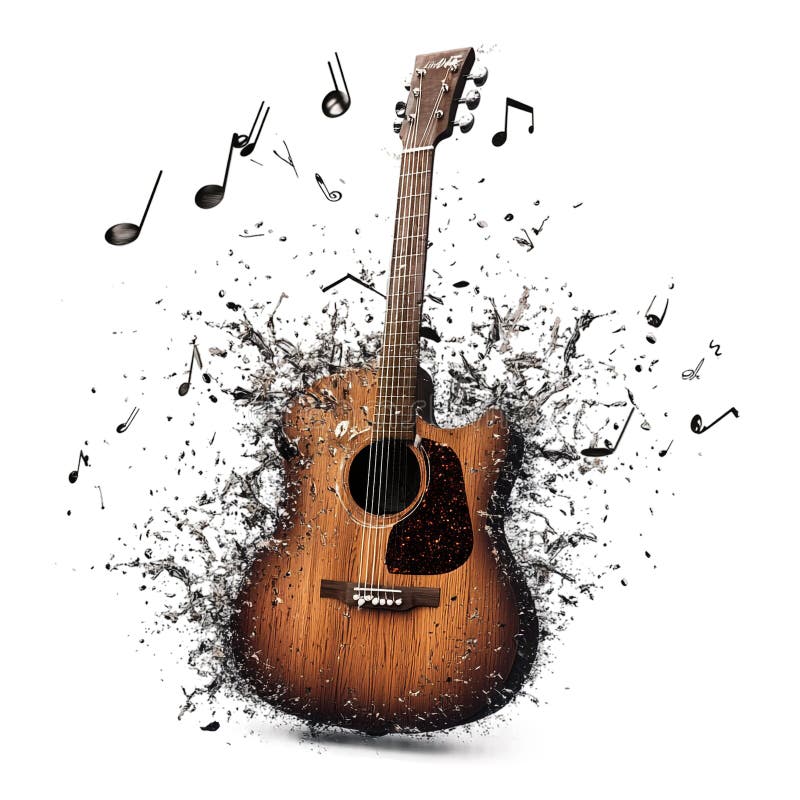A 3D Rendering of a Guitar Surrounded by a Splash of Musical Notes ...