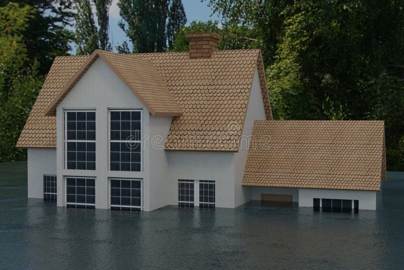3D Rendering of Half of a House Under Flood Stock Illustration ...