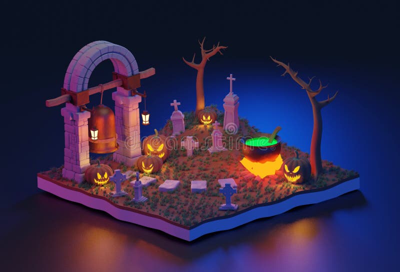 3d Rendering Halloween Scene Isometric Stock Illustration ...