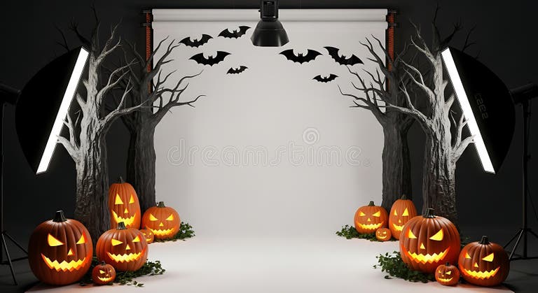 Halloween Studio Scene with Pumpkins and Trees Stock Illustration ...