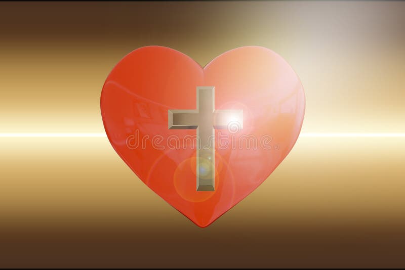 3D Rendering of Heart with Golden Cross on Abstract Background Stock ...