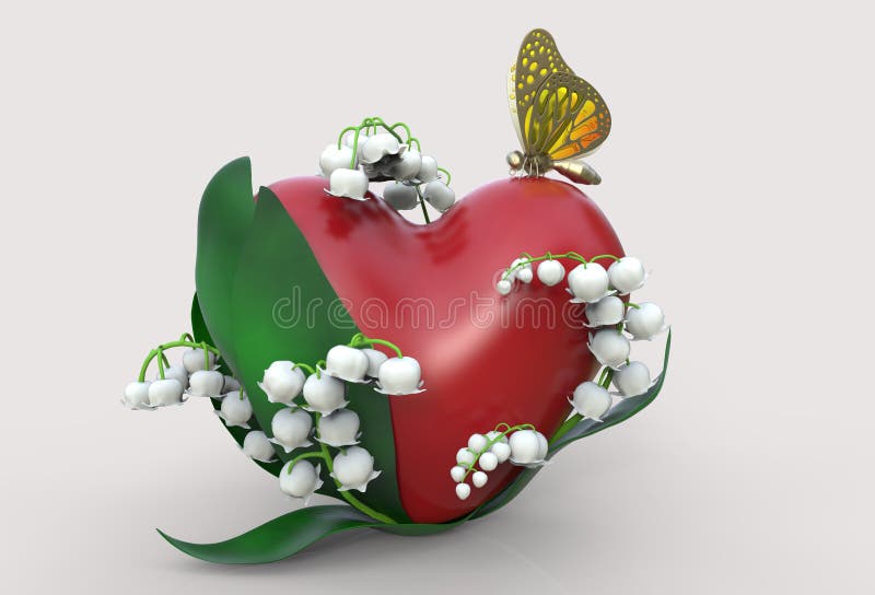 3d Rendering Heart with Leaves, Lily of the Valley Flowers and ...