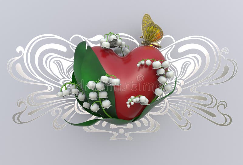 3d Rendering Heart with Leaves, Lily of the Valley Flowers and ...