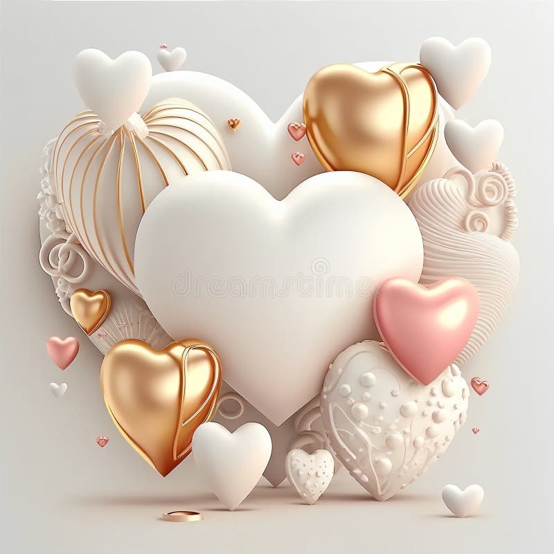 3D Rendering Heart Shapes in White, Golden, Pink Color. Creative ...