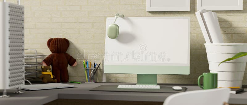 3D Rendering, Home Office with Computer Desk, Stationery, Decorations ...