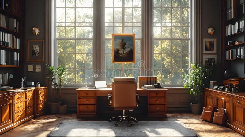3D Rendering of a Home Office with Large Windows and a View of a Forest ...