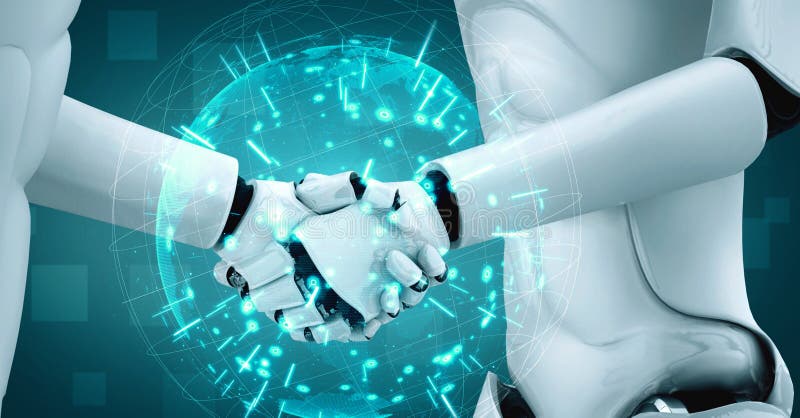 3D Rendering Hominoid Robot Handshake To Collaborate Future Technology Stock Illustration ...
