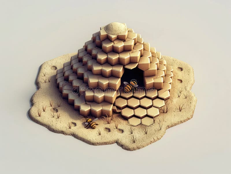 3D Rendering of a Honeybee Hive on Sand with Bees. Detailed Structure ...