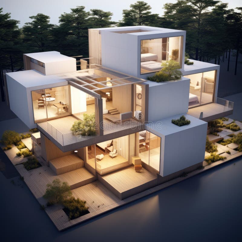 3D Rendering of House, Architecture Draft of Luxury Building with Three ...