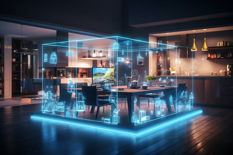 3D Rendering of a House with Blue Lights in the Living Room, Network ...