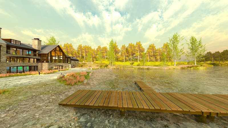 3D Rendering of the House by the River Stock Illustration ...