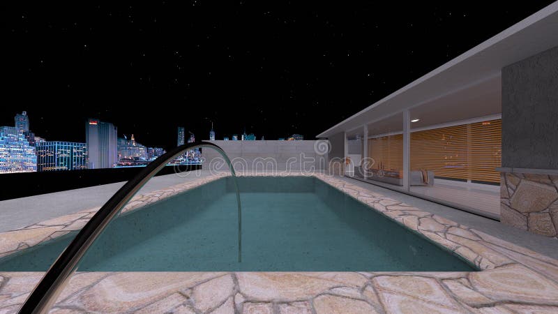 3D Rendering of the House with Rooftop Swimming Pool Stock Illustration ...