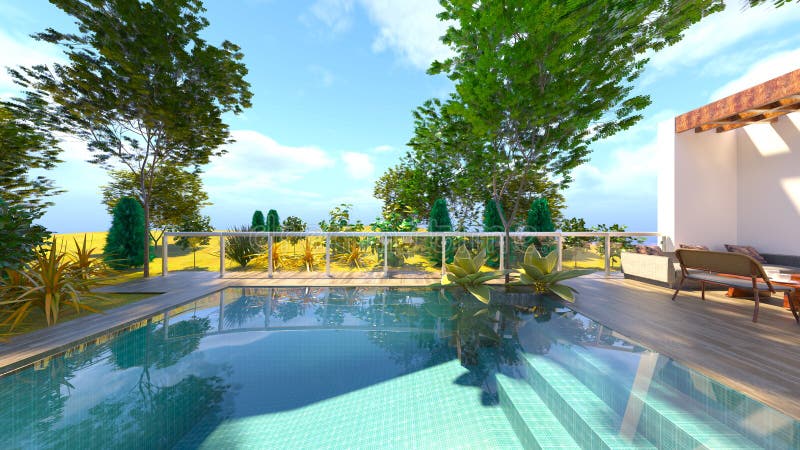 3D Rendering of the House with Swimming Pool Stock Illustration - Illustration of relax, house ...